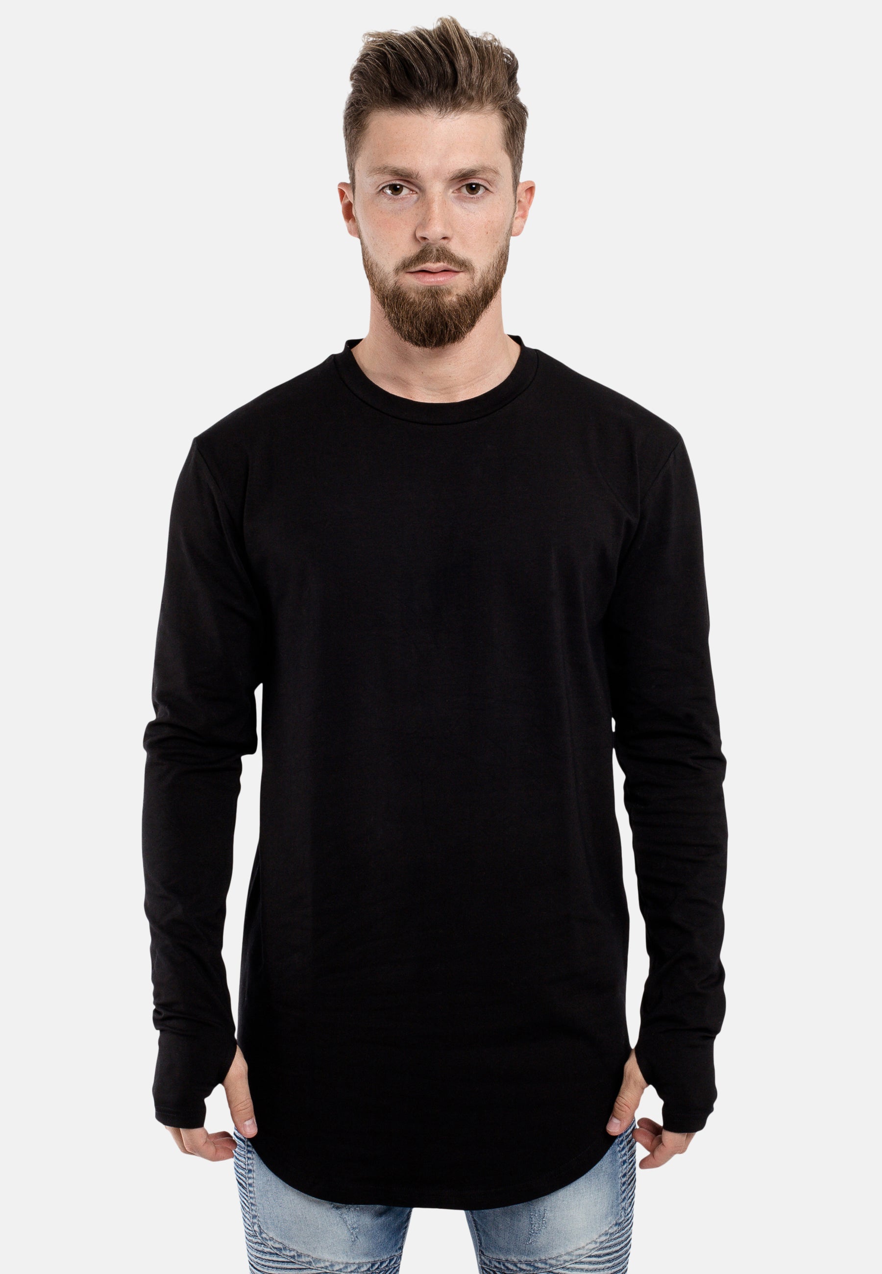 Round Long Sleeve Longline T-Shirt Black - Blackskies | Premium ...